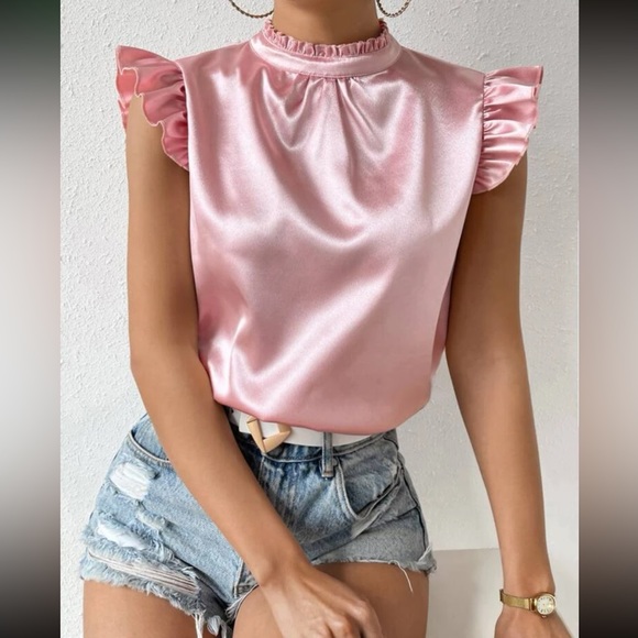 Tops | Luxe Ruffle Hem Frill Neck Satin Top | Poshmark
